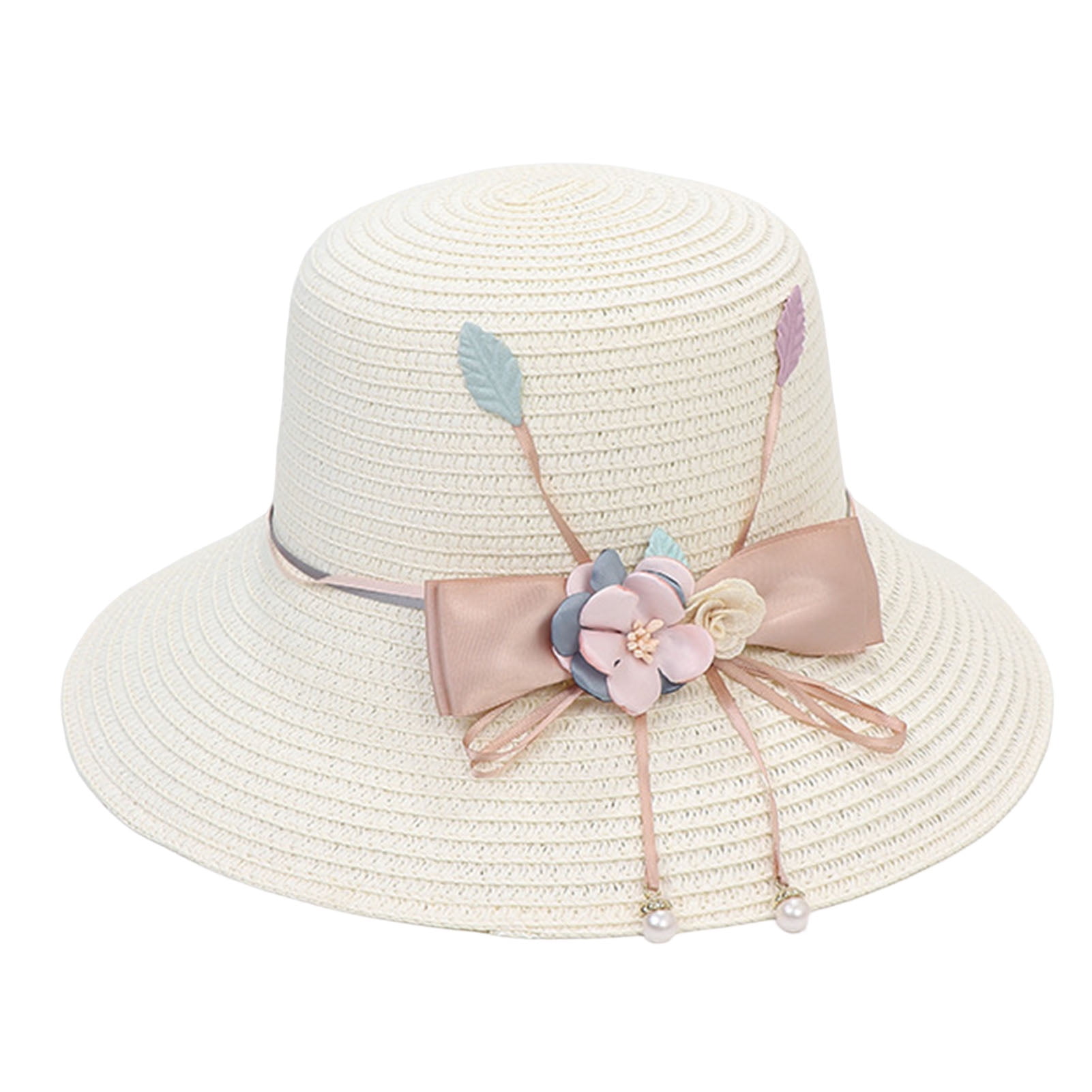 Straw Hats for Women with Ribbon Bowknot Flower Decor Faux Pearls ...