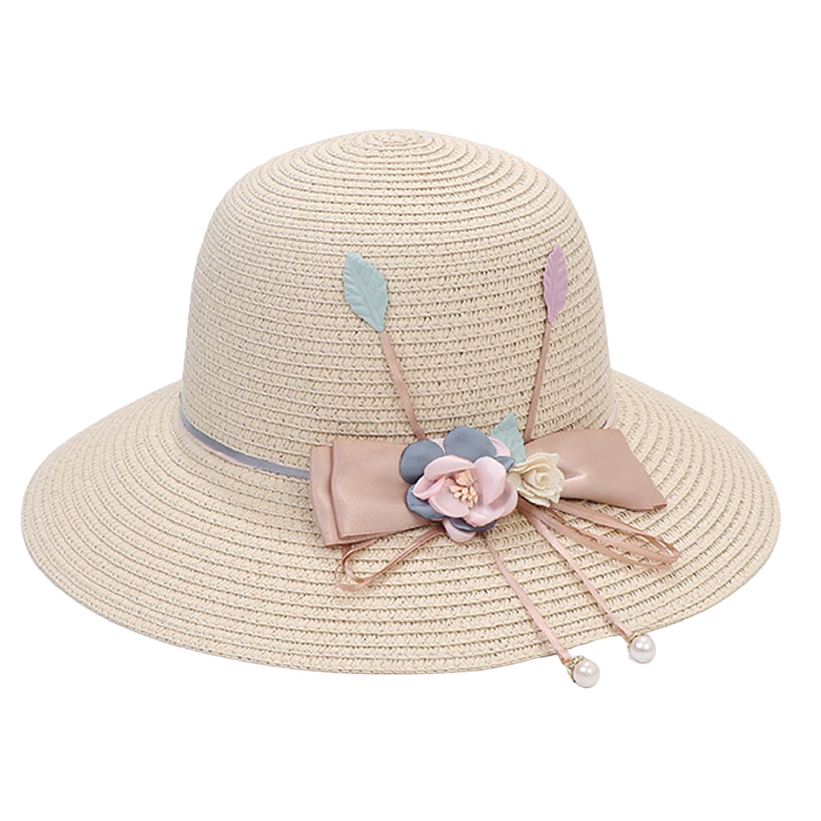 Straw Hats for Women with Ribbon Bowknot Flower Decor Faux Pearls ...