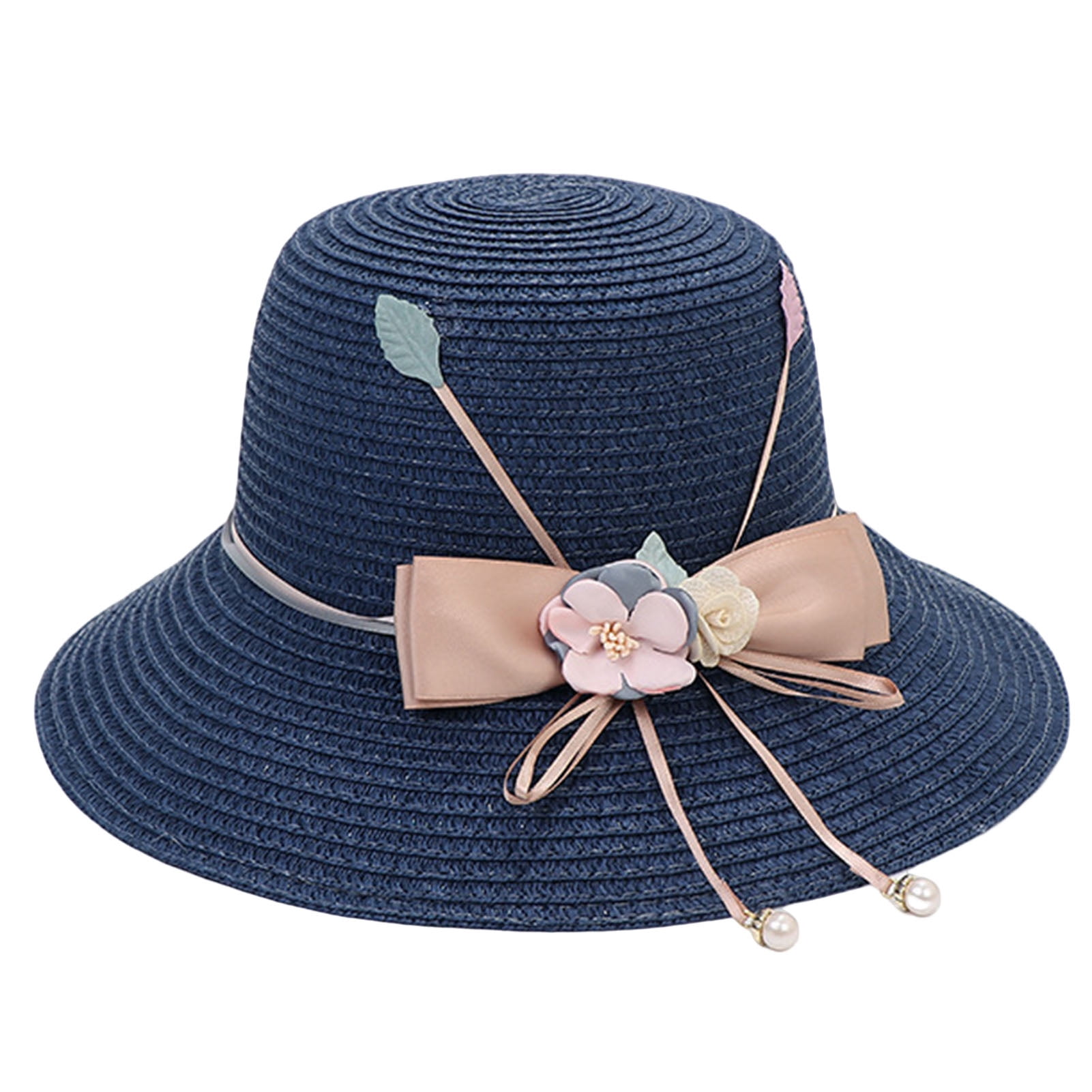 Straw Hats for Women with Ribbon Bowknot Flower Decor Faux Pearls ...