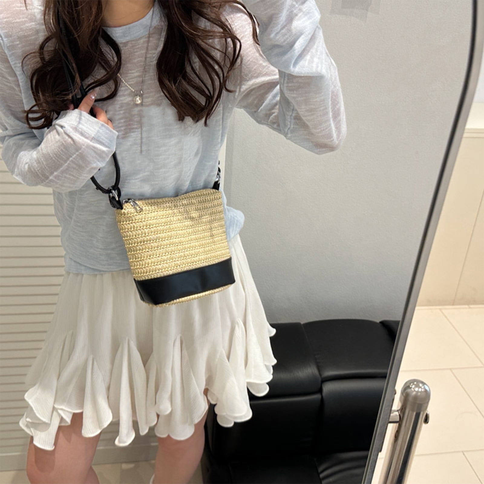 Straw Leather Patchwork Tote, Crossbody Barrel Bag, Fashionable Bag ...