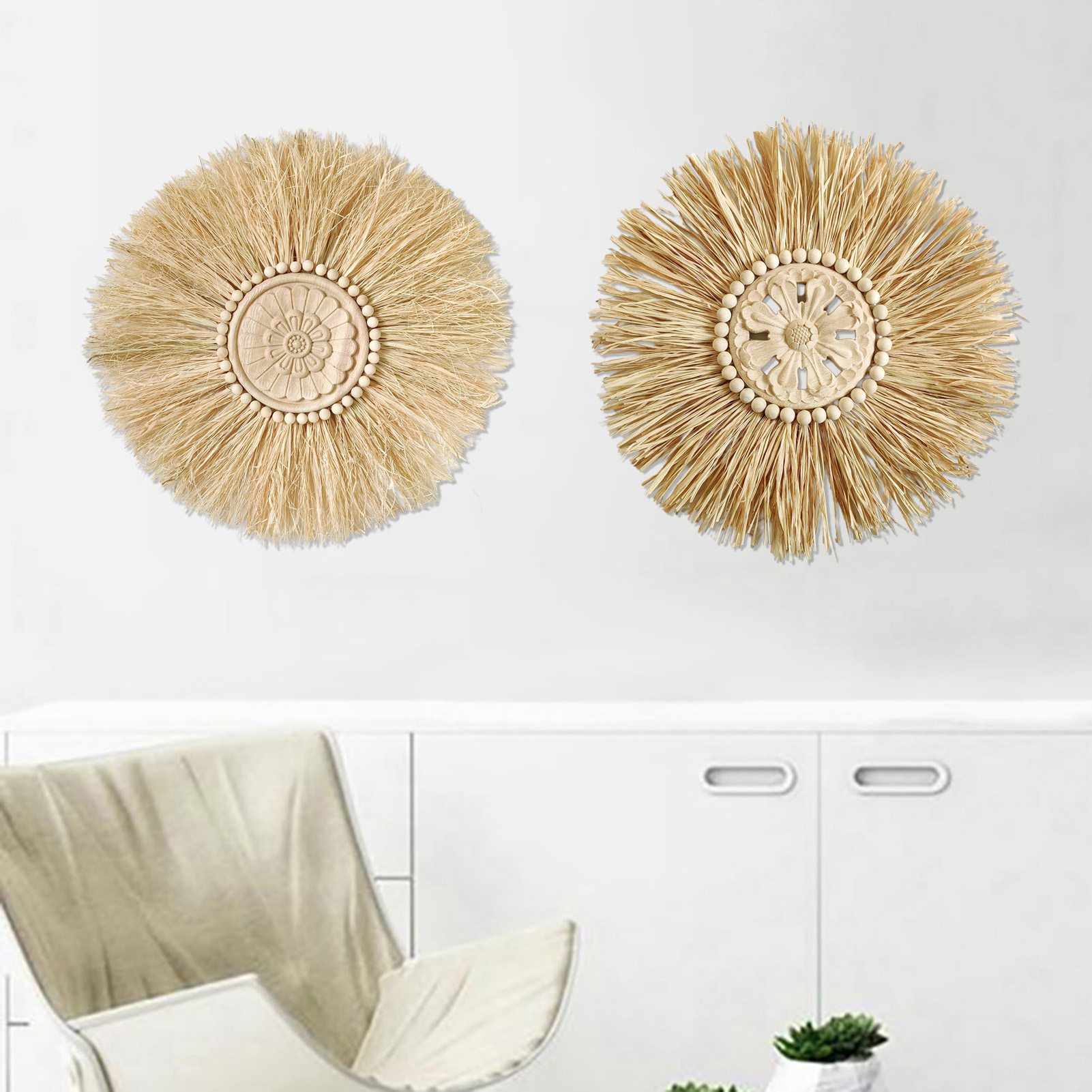 Straw Ornament - Creative Vintage Wood Beads Round Woven Macrame Wall ...