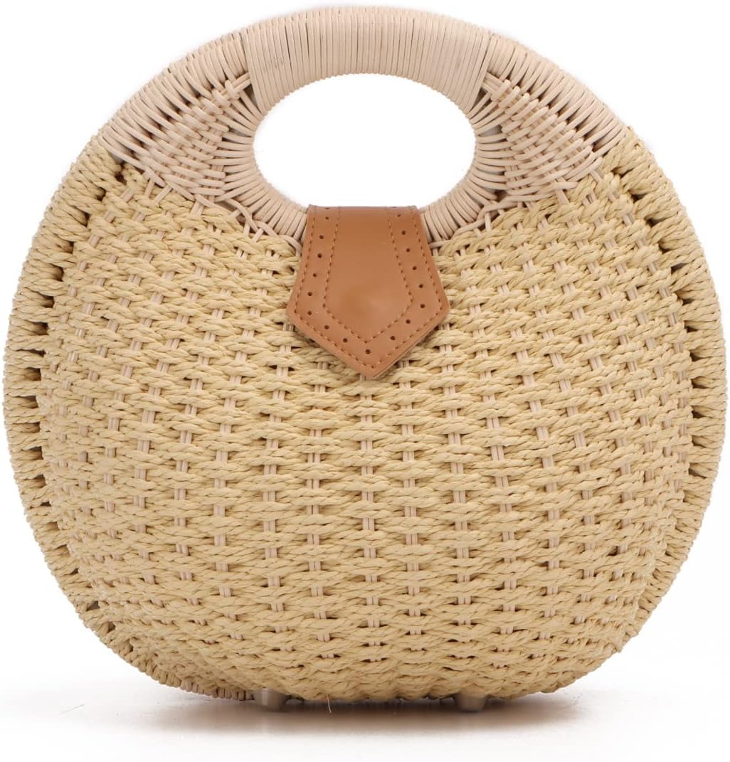 Straw Purses for Women Summer Beach Rattan Tote Bag Round Handle Ring ...