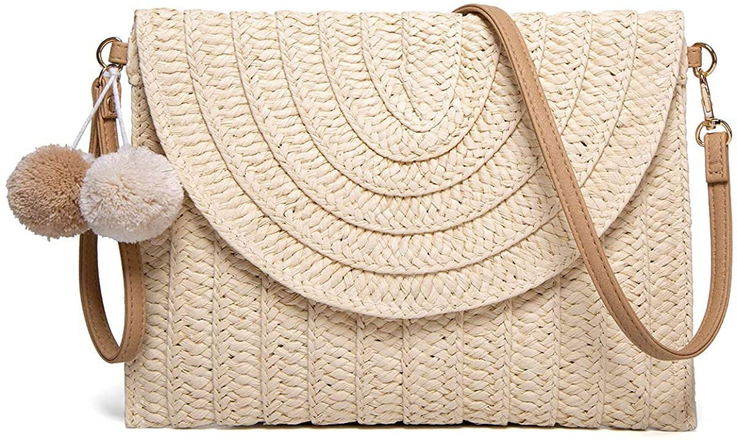 Straw Shoulder Bag Straw Clutch Women Hand-Woven Pompom Straw Crossbody ...