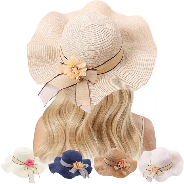 Straw Sun Hats for Women - Lace Ribbon Bowknot Flower Decor Wide Brim ...