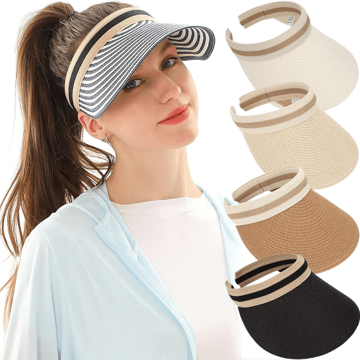 Straw Sun Visor Hat for Women Summer UV Protection Wide Brim Ponytail ...