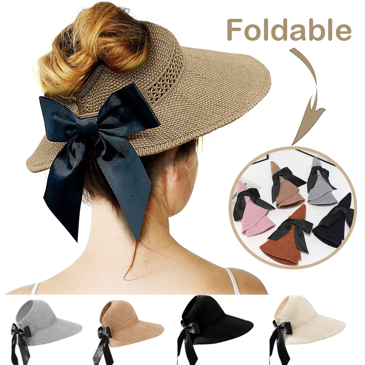 Straw Sun Visor for Women, Wide Brim UPF 50+ Protection Beach Hat ...