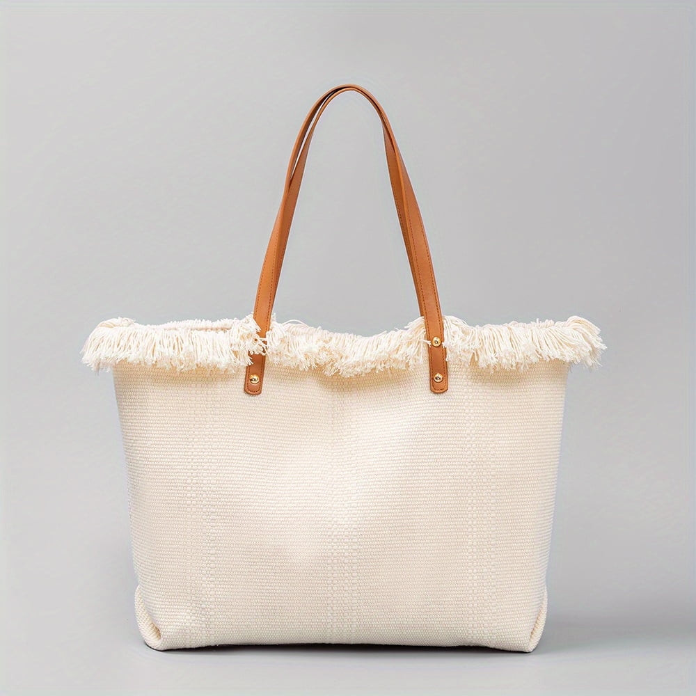Straw Woven Tote Bag, Bamboo Handle Beach Bag, Boho Style Handbag For ...