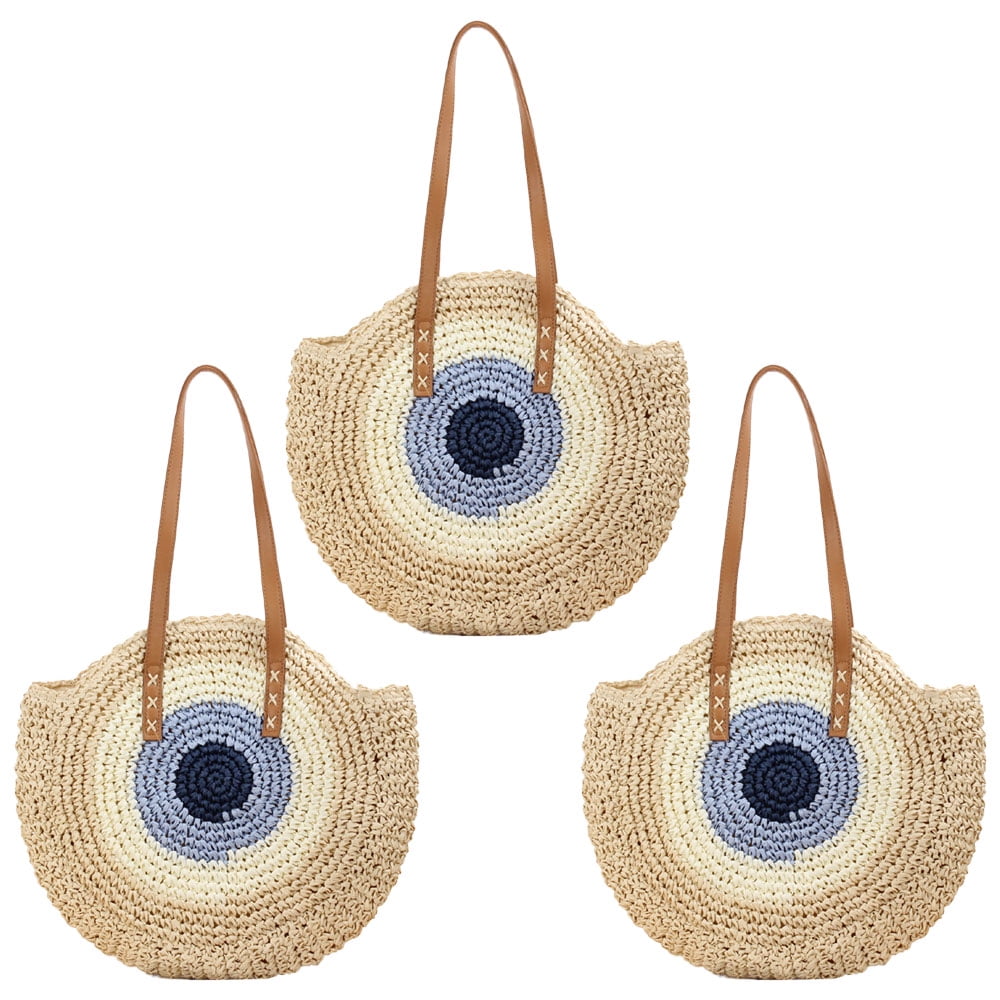 Straw bag circular summer large woven beach bag wallet handle shoulder ...
