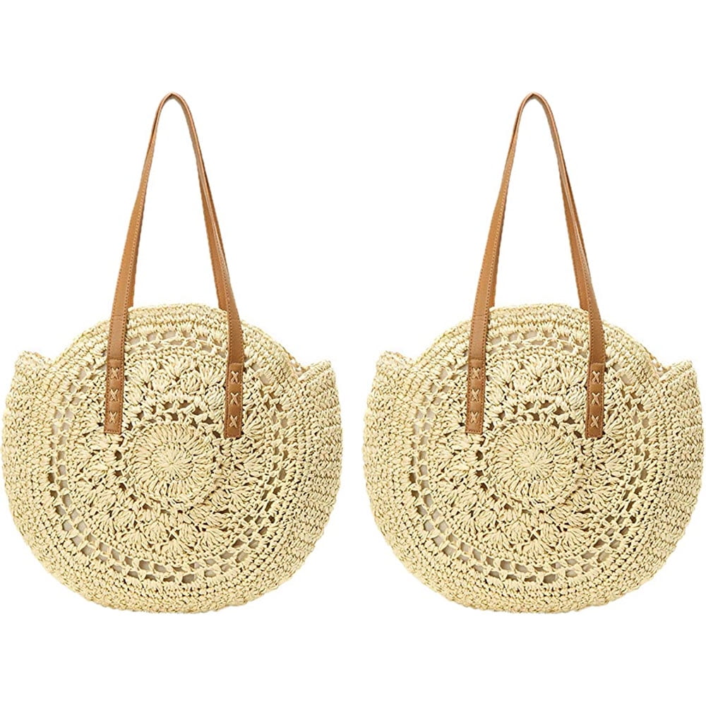 Straw bag circular summer large woven beach bag wallet handle shoulder ...