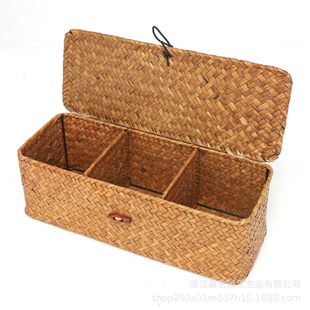 Straw storage basket handmade woven sundry storage household with lid ...