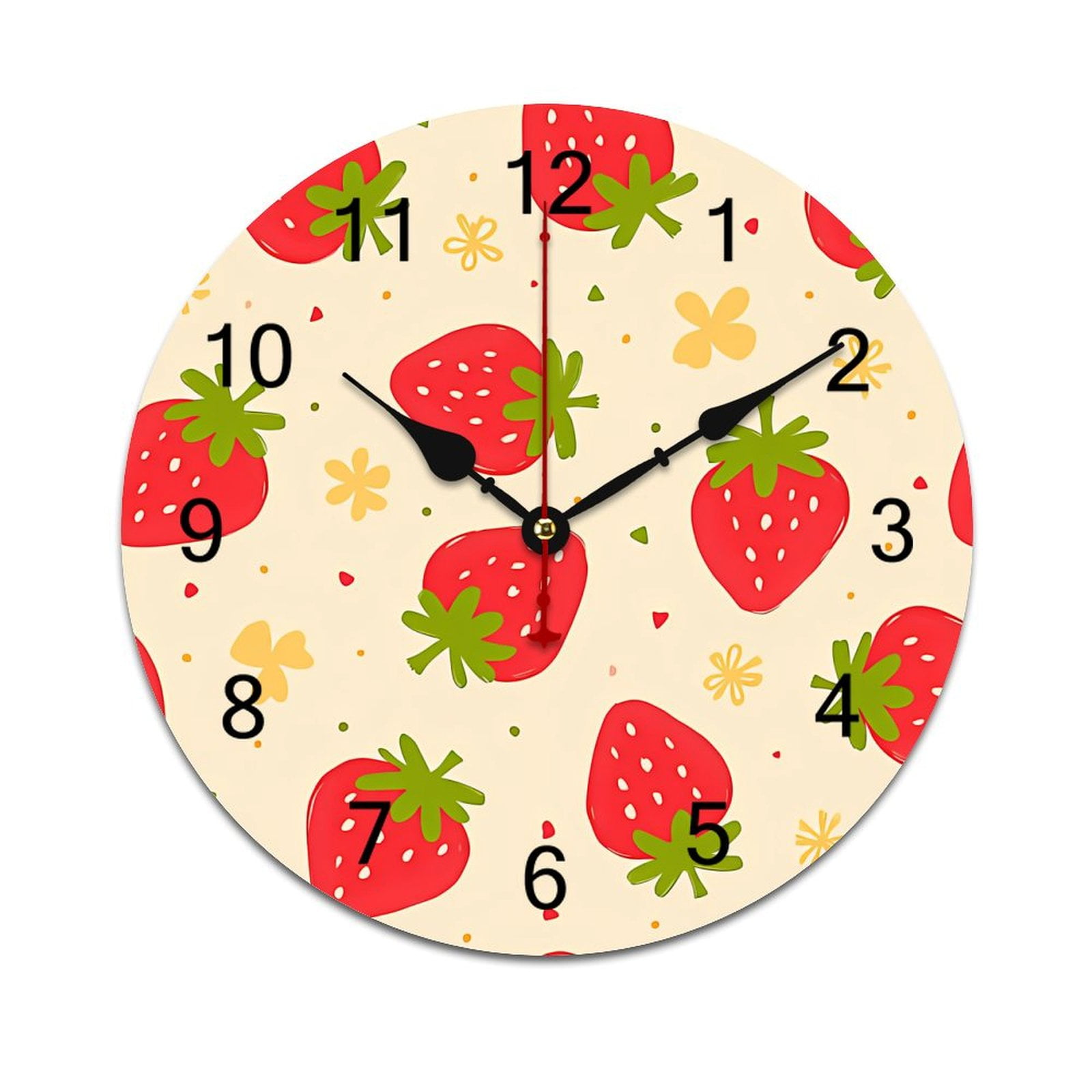 Strawberries And Flowers Printed Silent Wall Clock Round Kitchen Clock ...