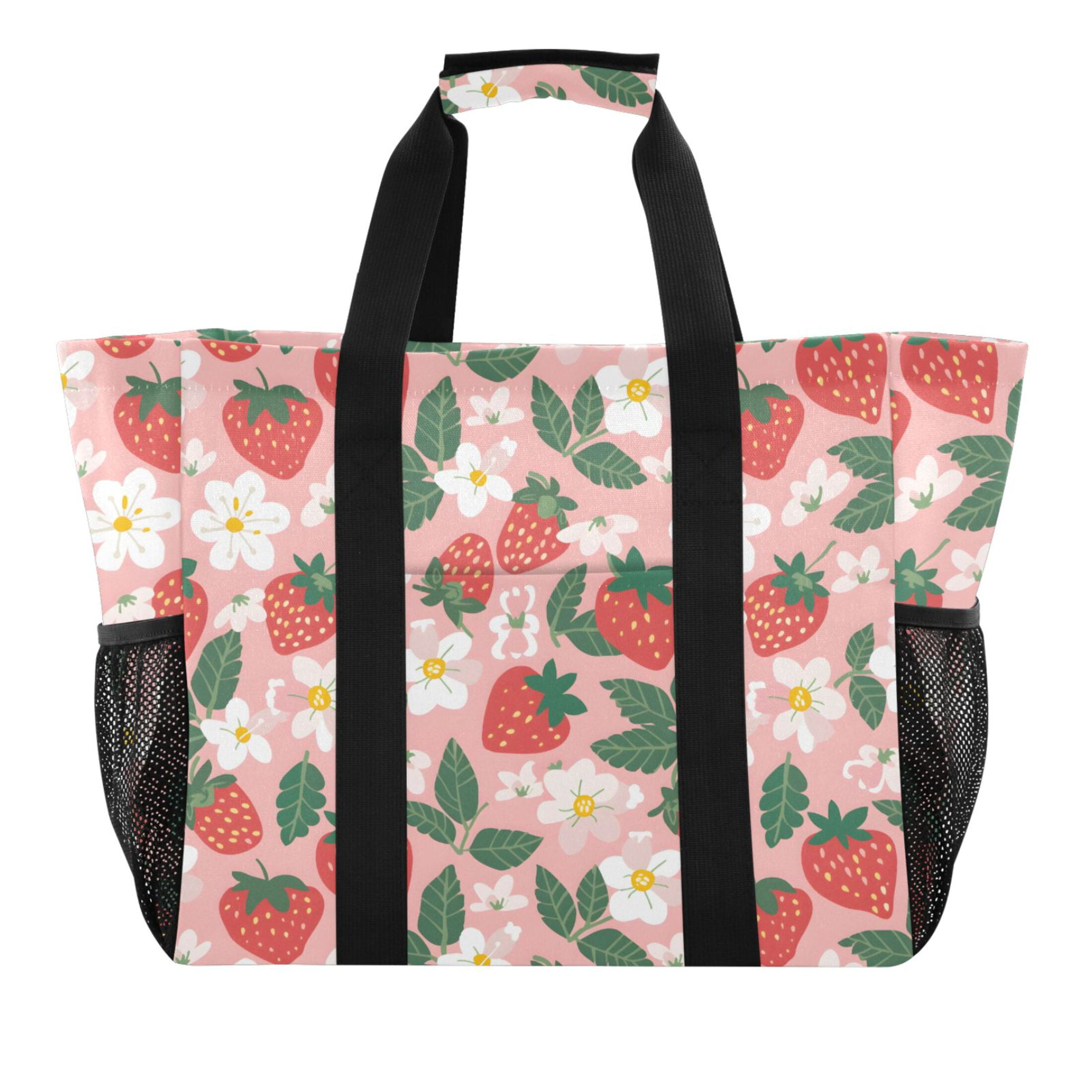 Strawberries Flowers Leaves Reusable Grocery Bags with Handle Side Pocket Waterproof Shopping ...
