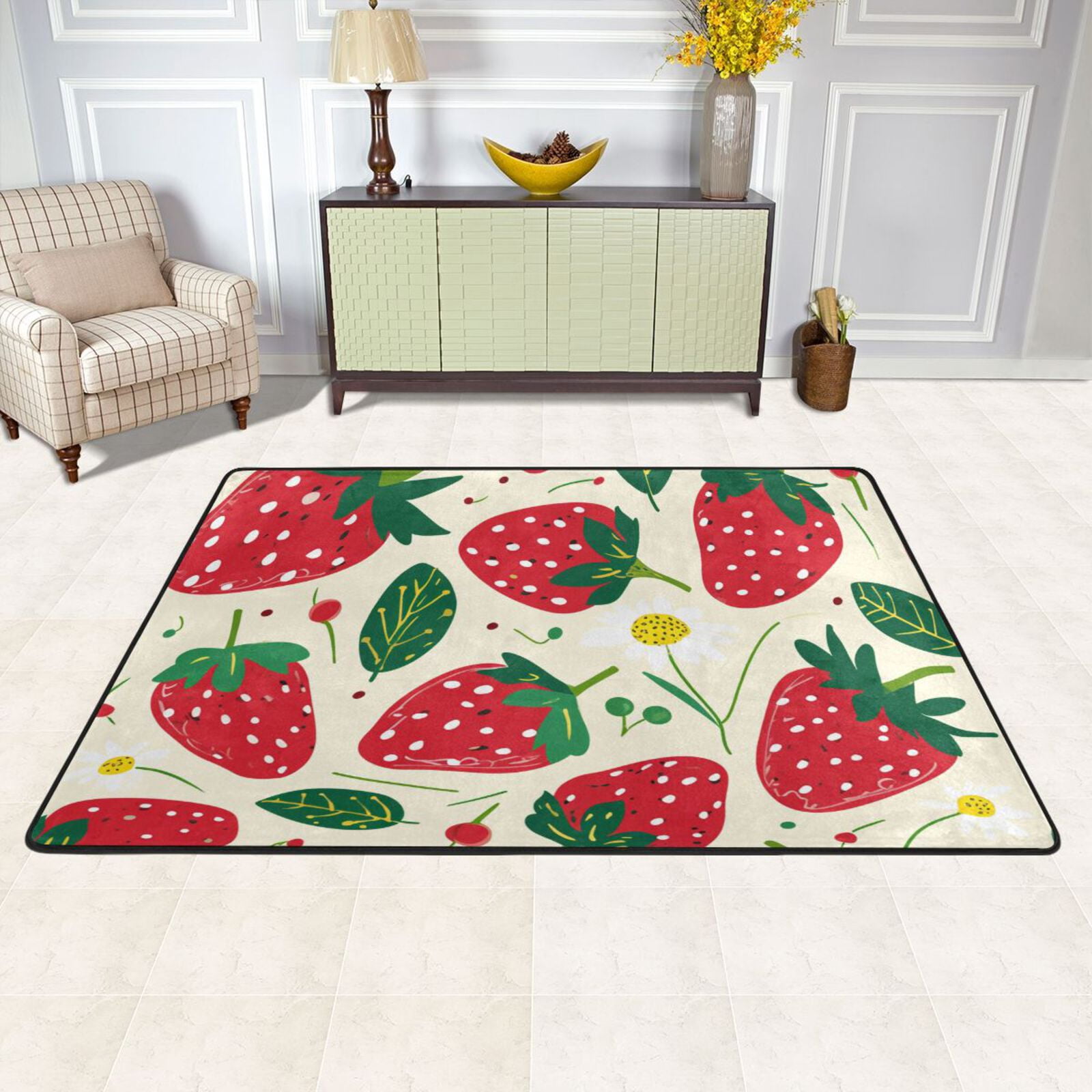 Strawberries Leaves Flowers Area Rug Washable 72 x 48 Floor Carpet Mat ...