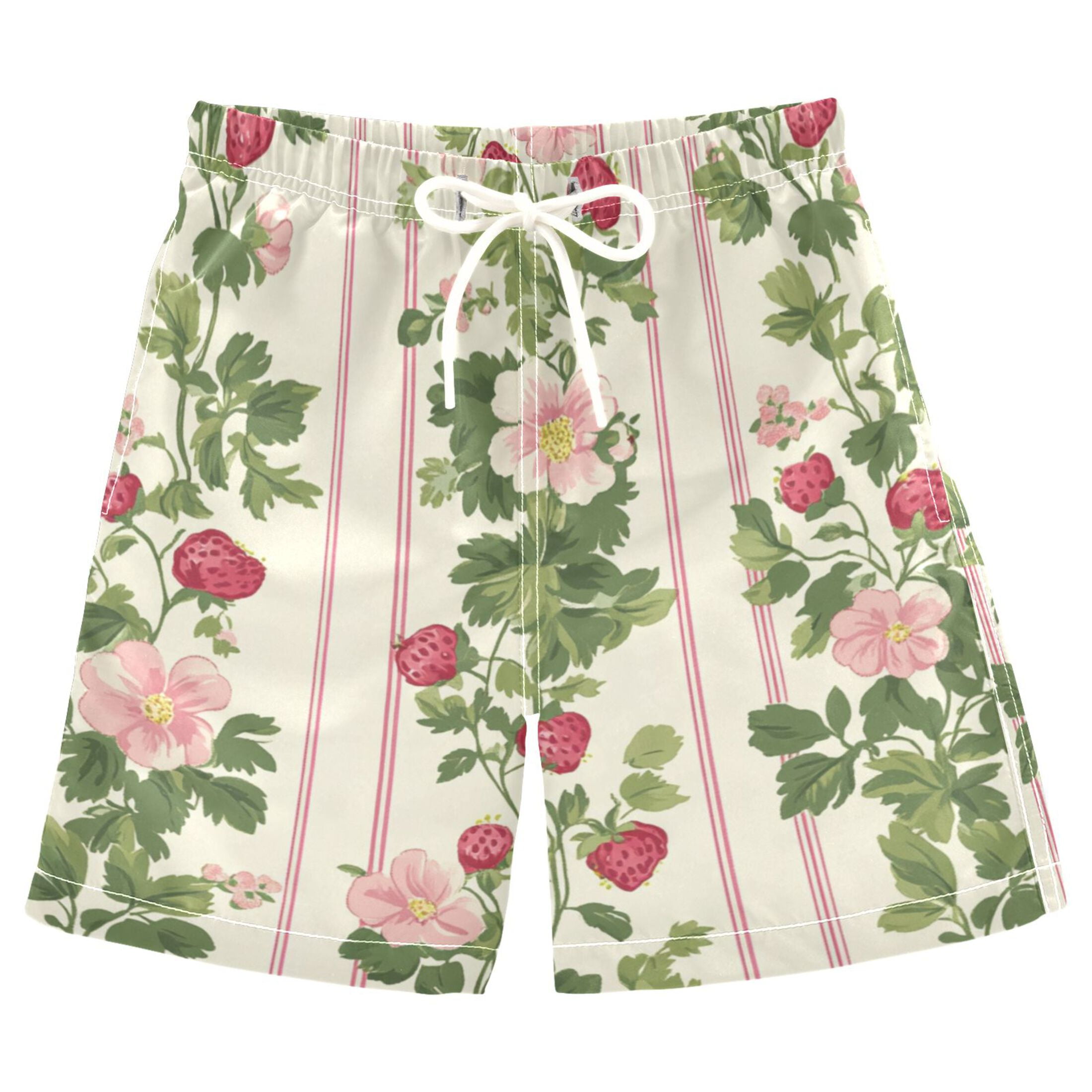 Strawberries Leaves Flowers Pastel Color Boys' Beach Pants Board Shorts ...