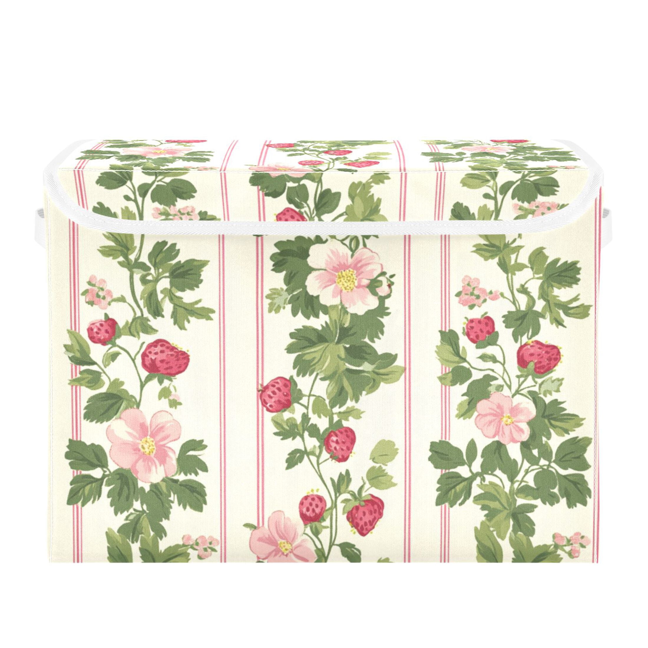 Strawberries Leaves Flowers Pastel Color Foldable Storage Bin with Lid ...