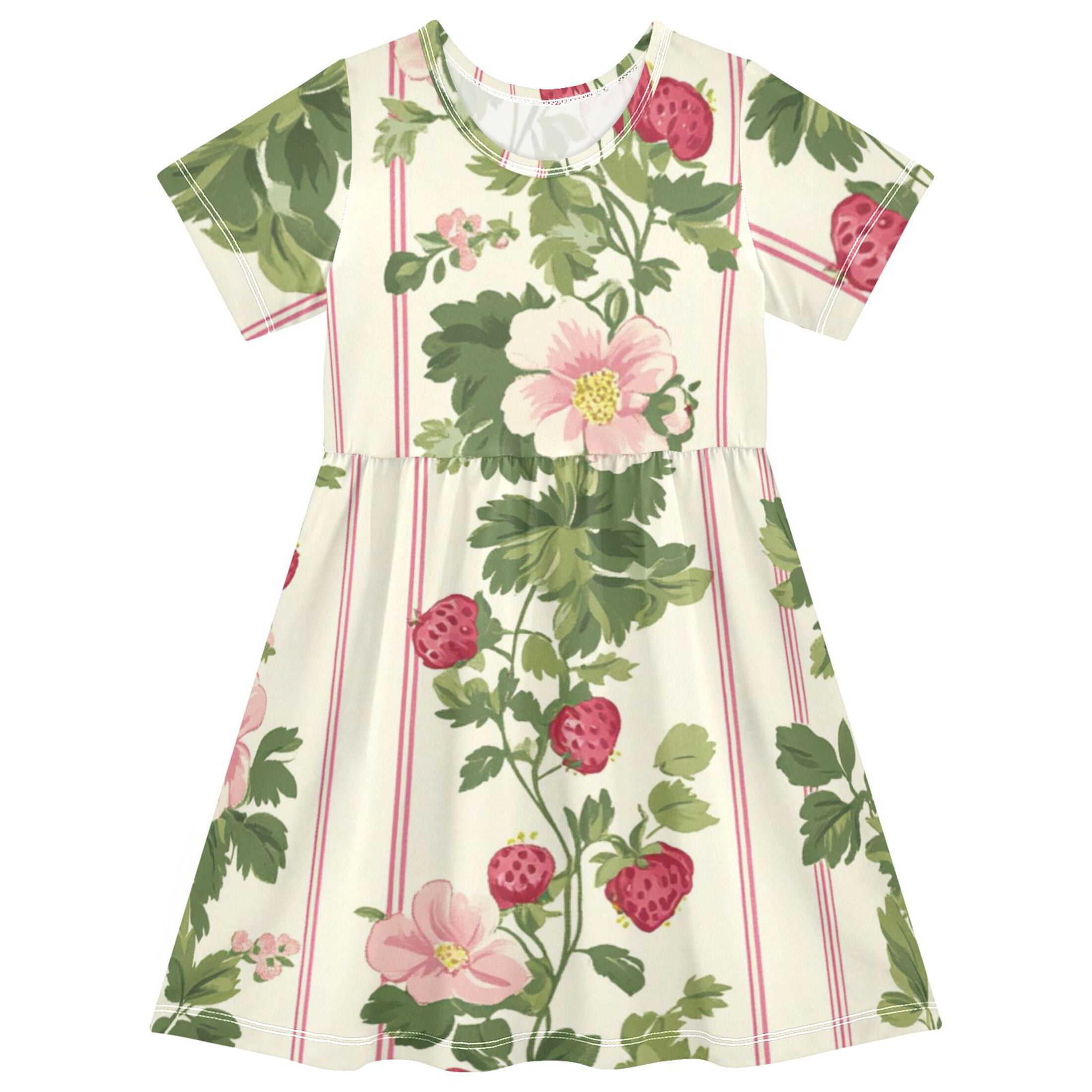 Strawberries Leaves Flowers Pastel Color Girls' Short Sleeve Dress A ...