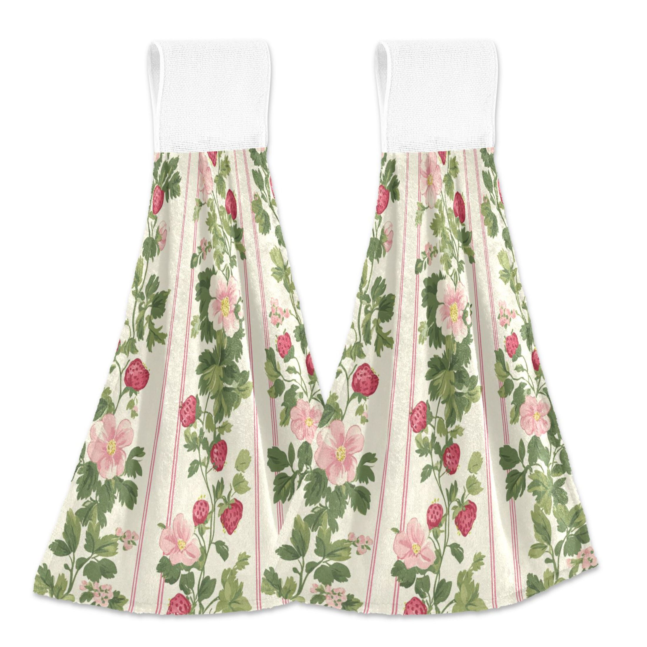 Strawberries Leaves Flowers Pastel Color Hanging Towels with Loop Hand ...