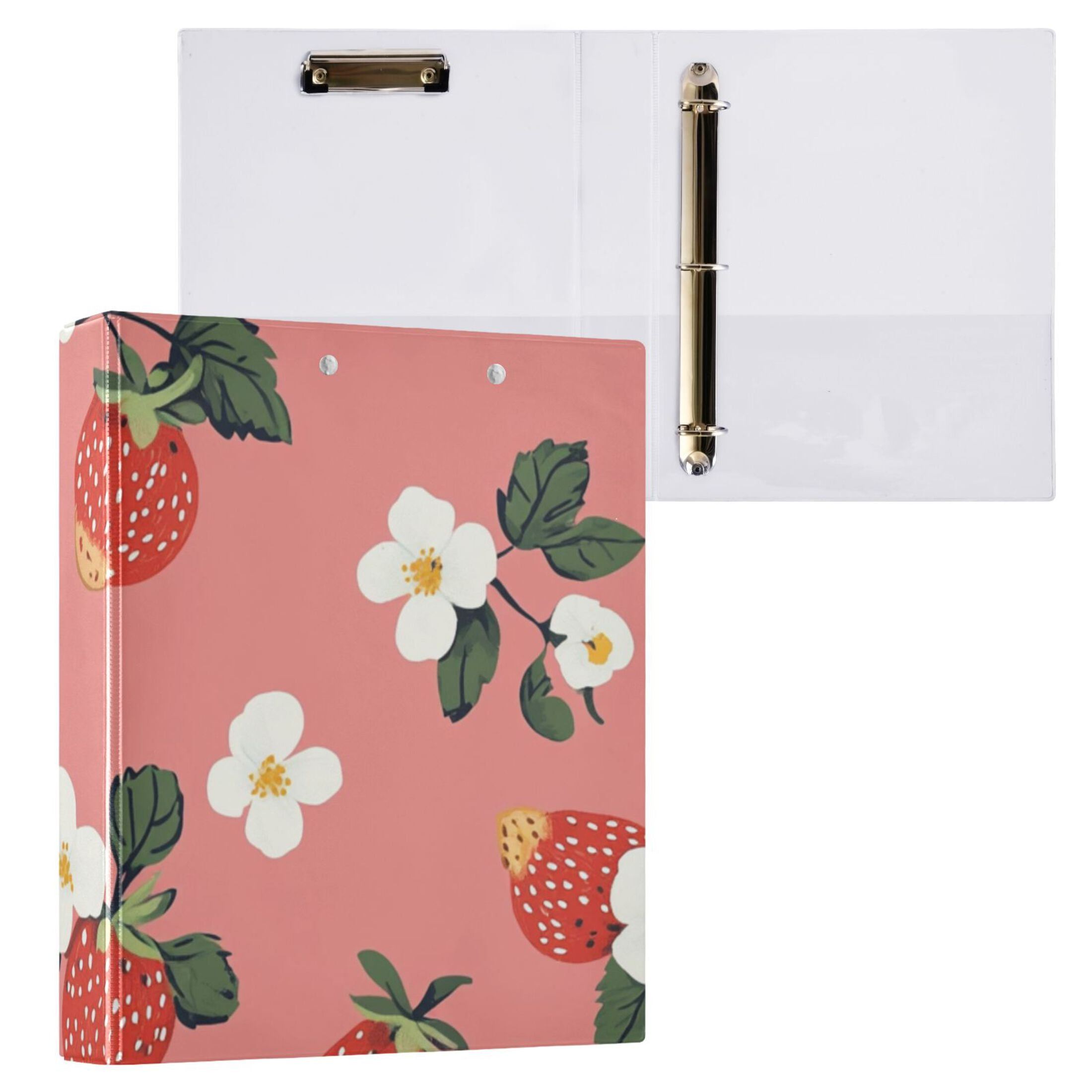 Strawberries Small White Florals Round Ring Binder 3 Rings 1.5 ...