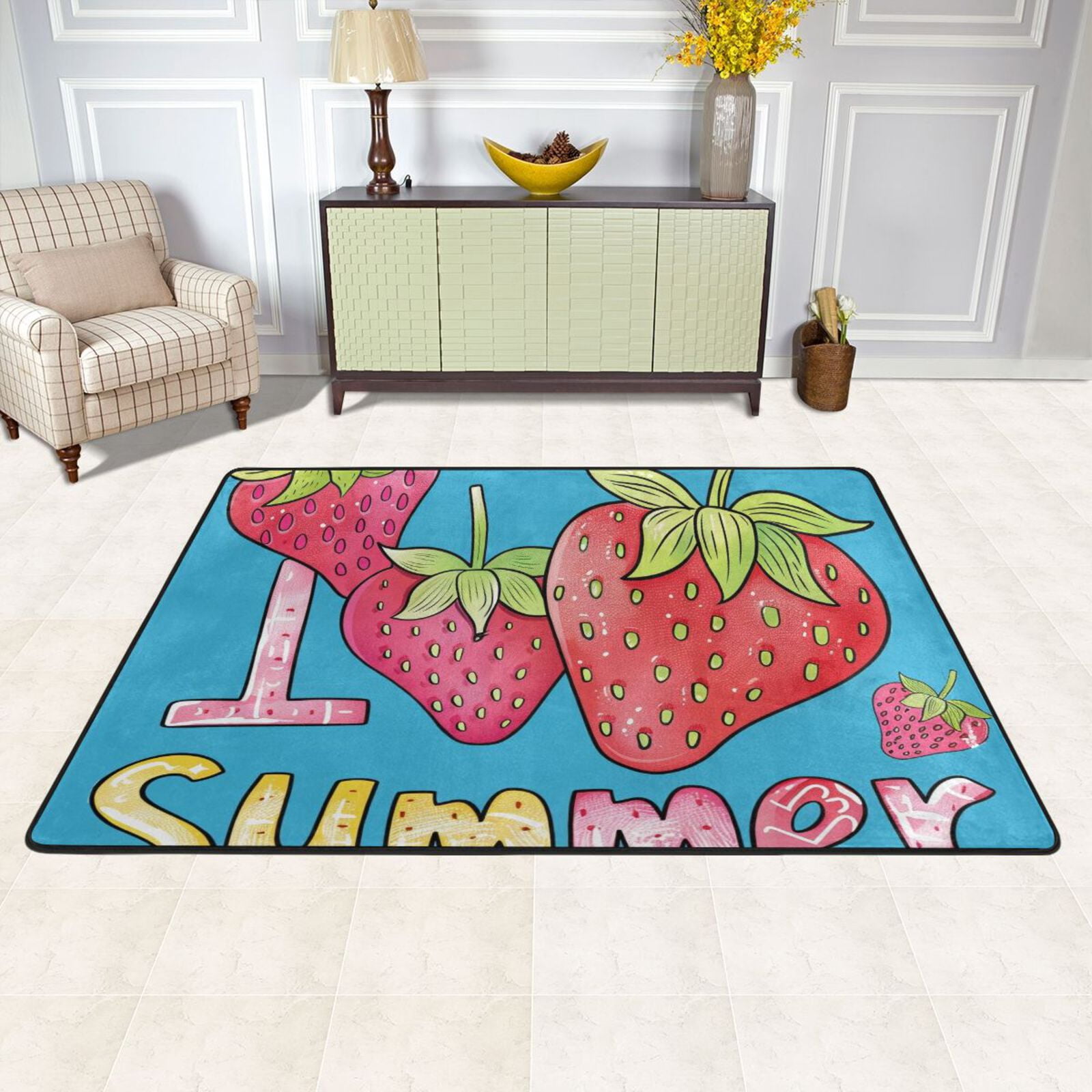 Strawberries Summer Area Rug Washable 72 x 48 Floor Carpet Mat Non Slip ...
