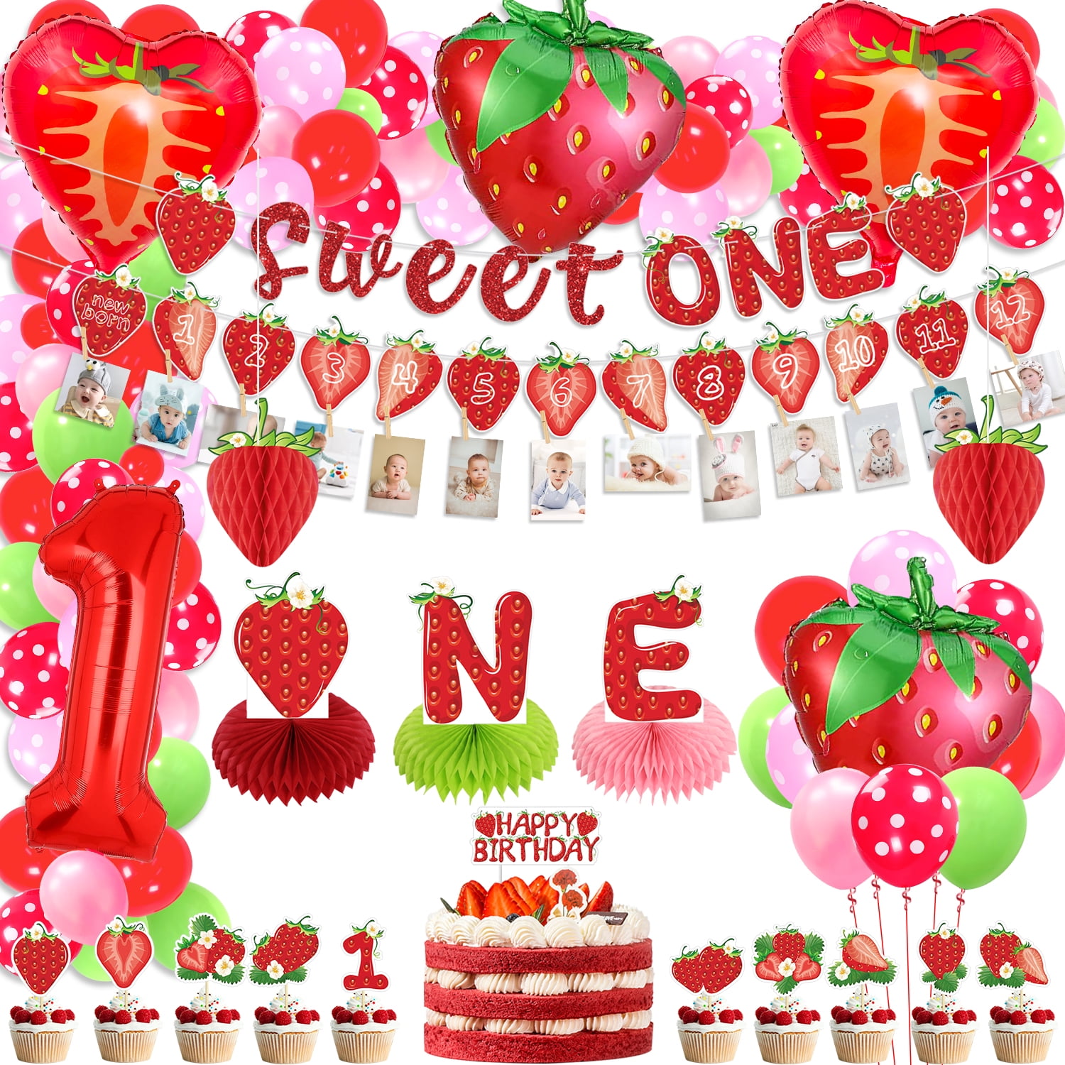 Strawberry 1st Birthday Decorations, include Sweet One Banner, Monthly ...