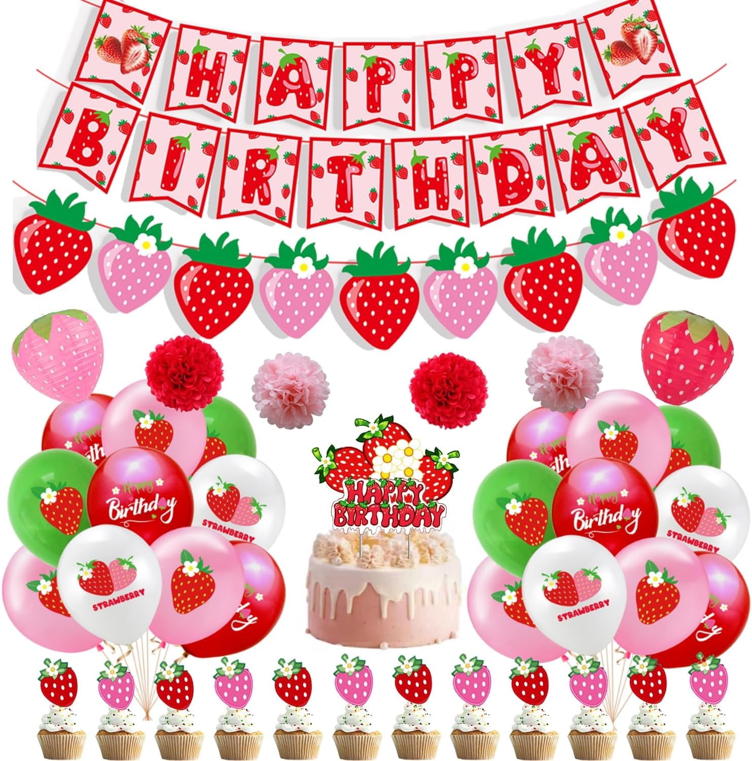 Finypa Strawberry First Birthday Decorations, Banner, Cake Toppers ...