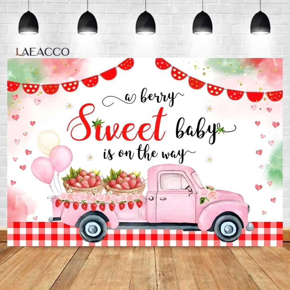 Strawberry Baby Shower Backdrop Green Leaf Flower Sweet Berry Birthday ...