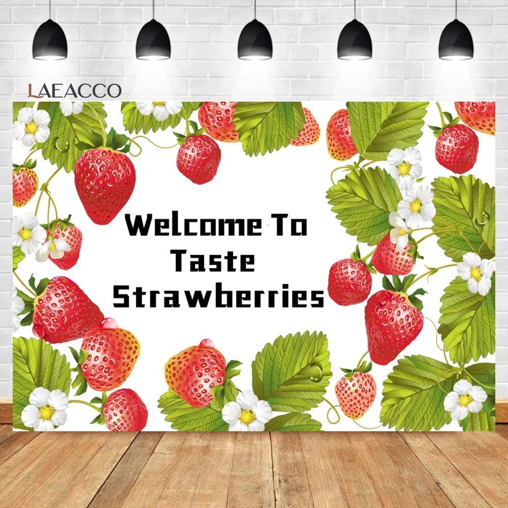 Strawberry Baby Shower Backdrop Green Leaf Flower Sweet Berry Birthday ...