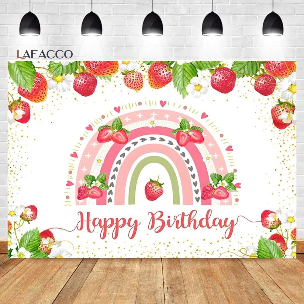 Strawberry Baby Shower Backdrop Green Leaf Flower Sweet Berry Birthday ...