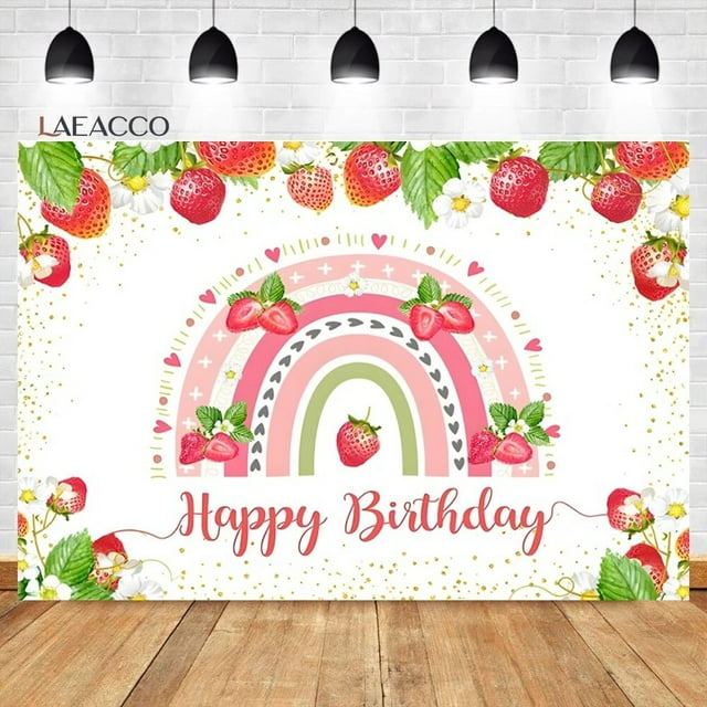 Strawberry Baby Shower Backdrop Green Leaf Flower Sweet Berry Birthday ...