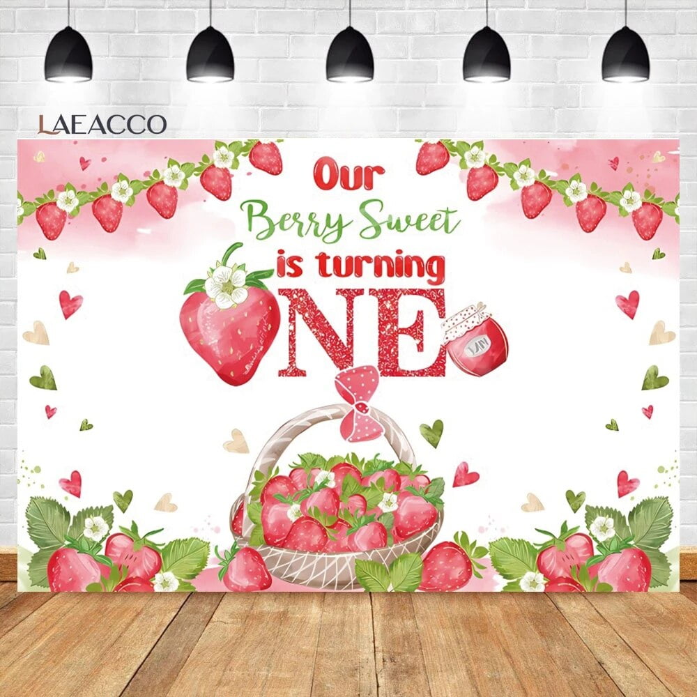 Strawberry Baby Shower Backdrop Green Leaf Flower Sweet Berry Birthday Portrait Customized ...