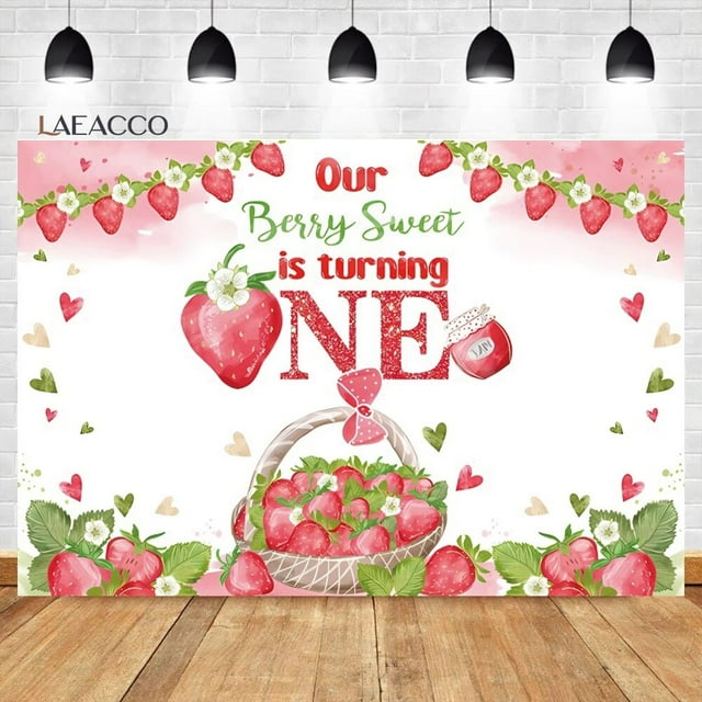 Strawberry Baby Shower Backdrop Green Leaf Flower Sweet Berry Birthday Portrait Customized ...