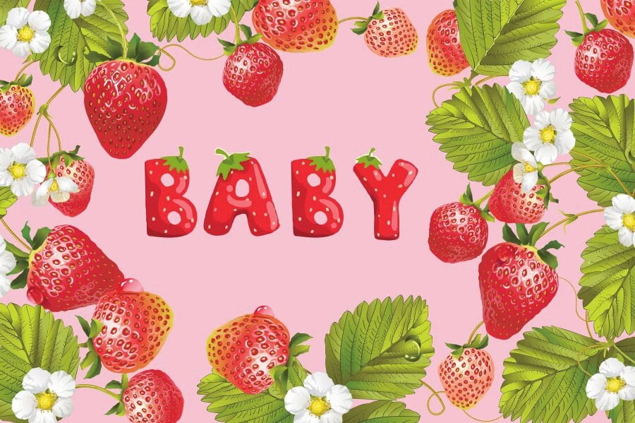 Strawberry Baby Shower Backdrop Green Leaf Flower Sweet Berry Birthday ...