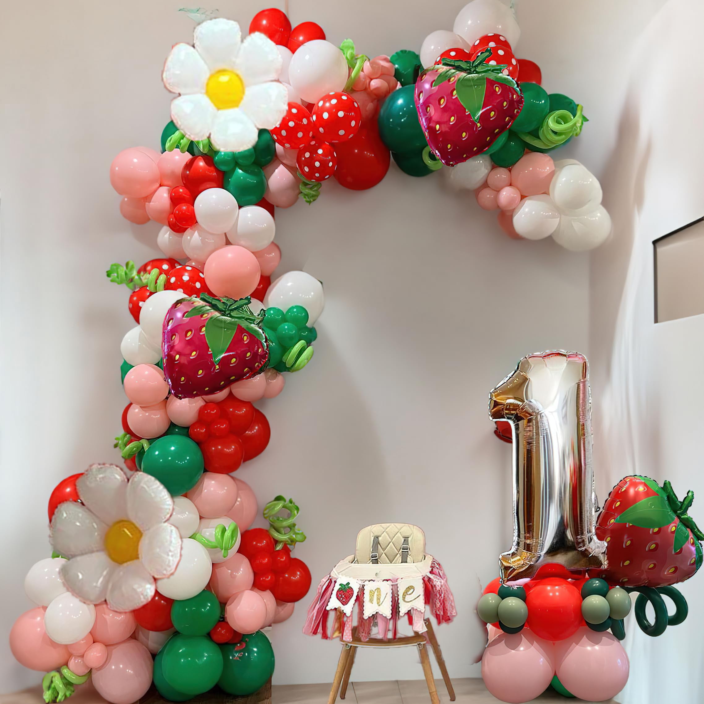Strawberry Balloons Arch Kit Red Light Pink Green and White with Daisy ...