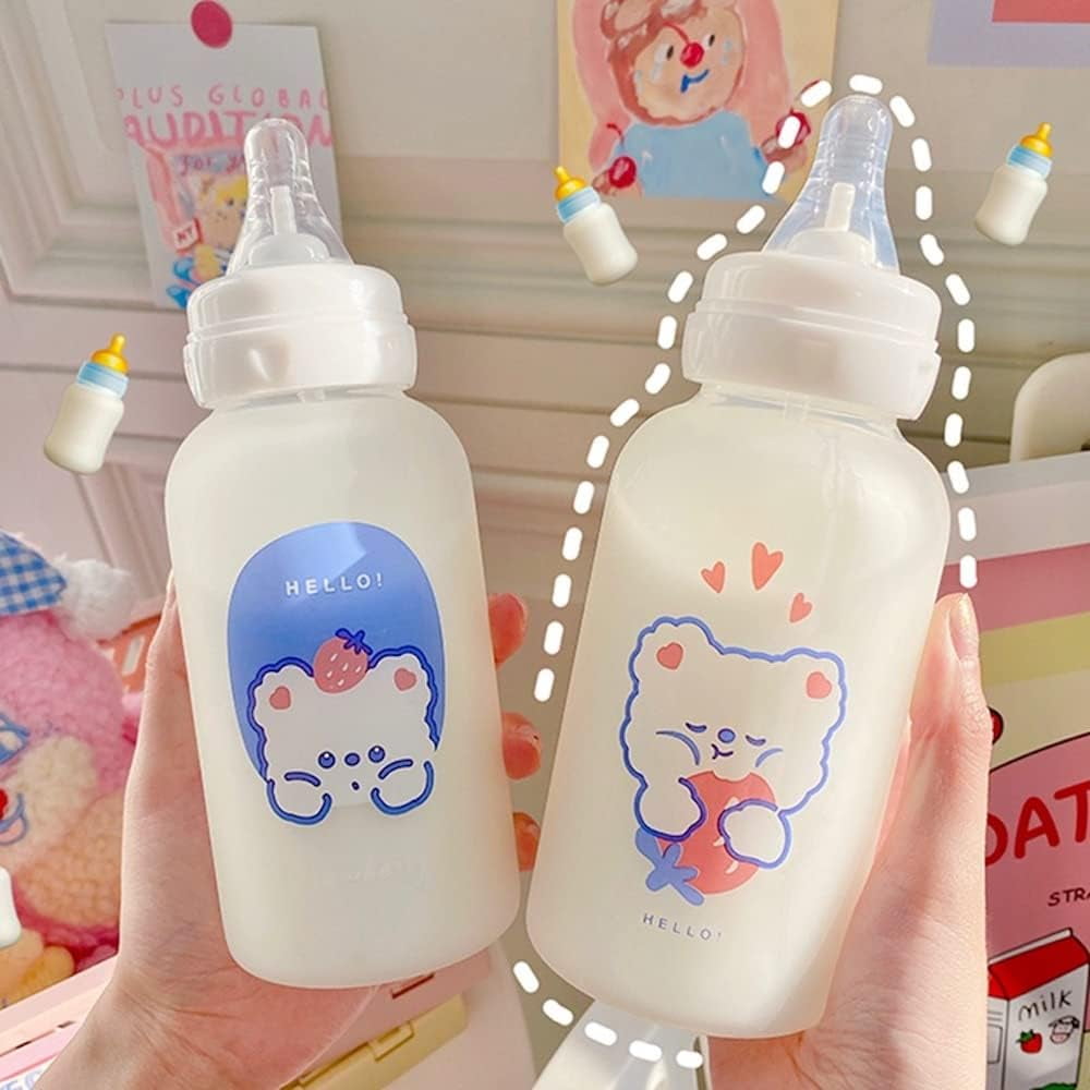 Strawberry Bear Glass Water Bottle With Nipple Sippy 11Oz Kawaii Water ...