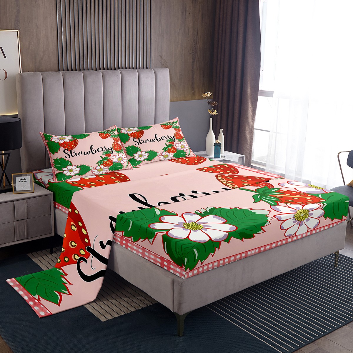 Strawberry Bed Sheets Set Farm Fruit Sheets,Green Plant Leaves Sheet ...