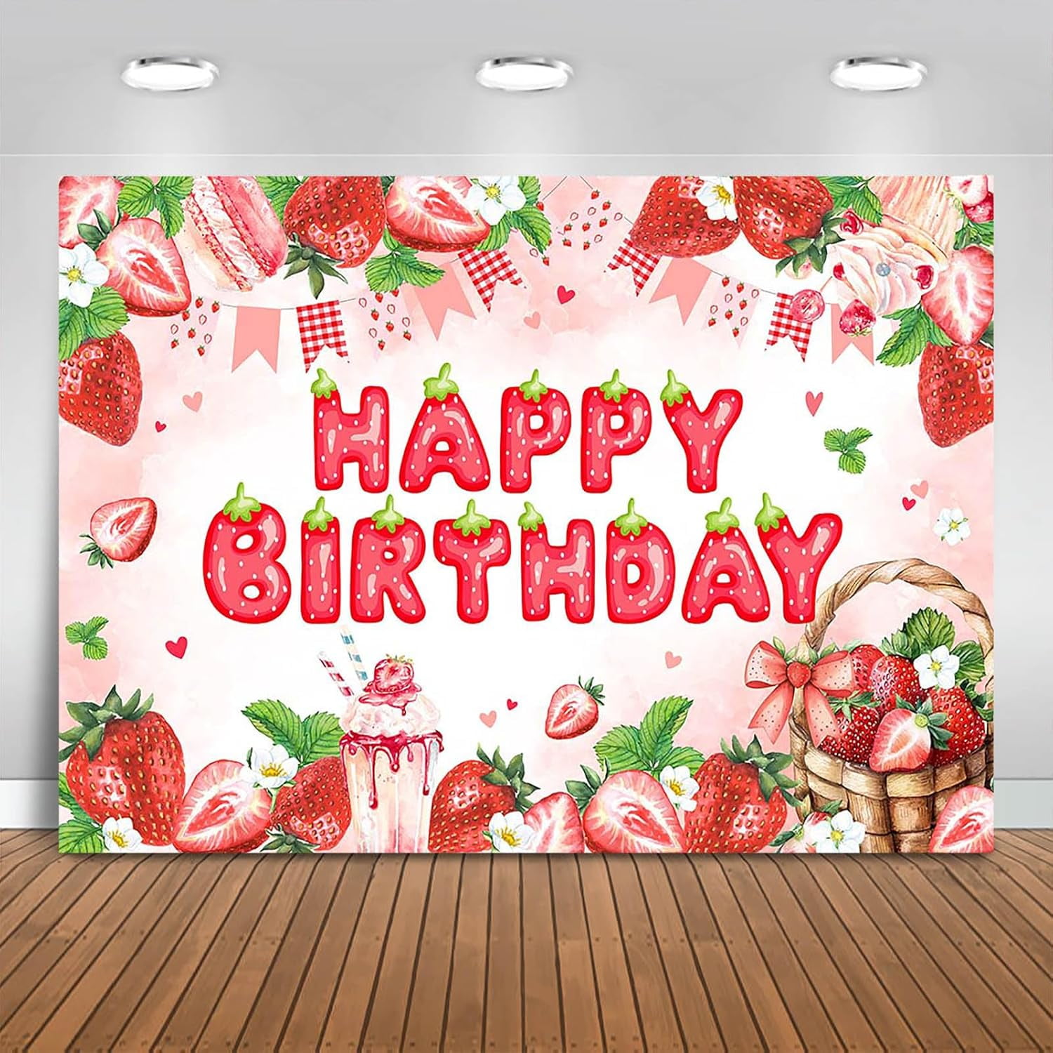Strawberry Birthday Backdrop Strawberry Dessert Happy Birthday Party ...