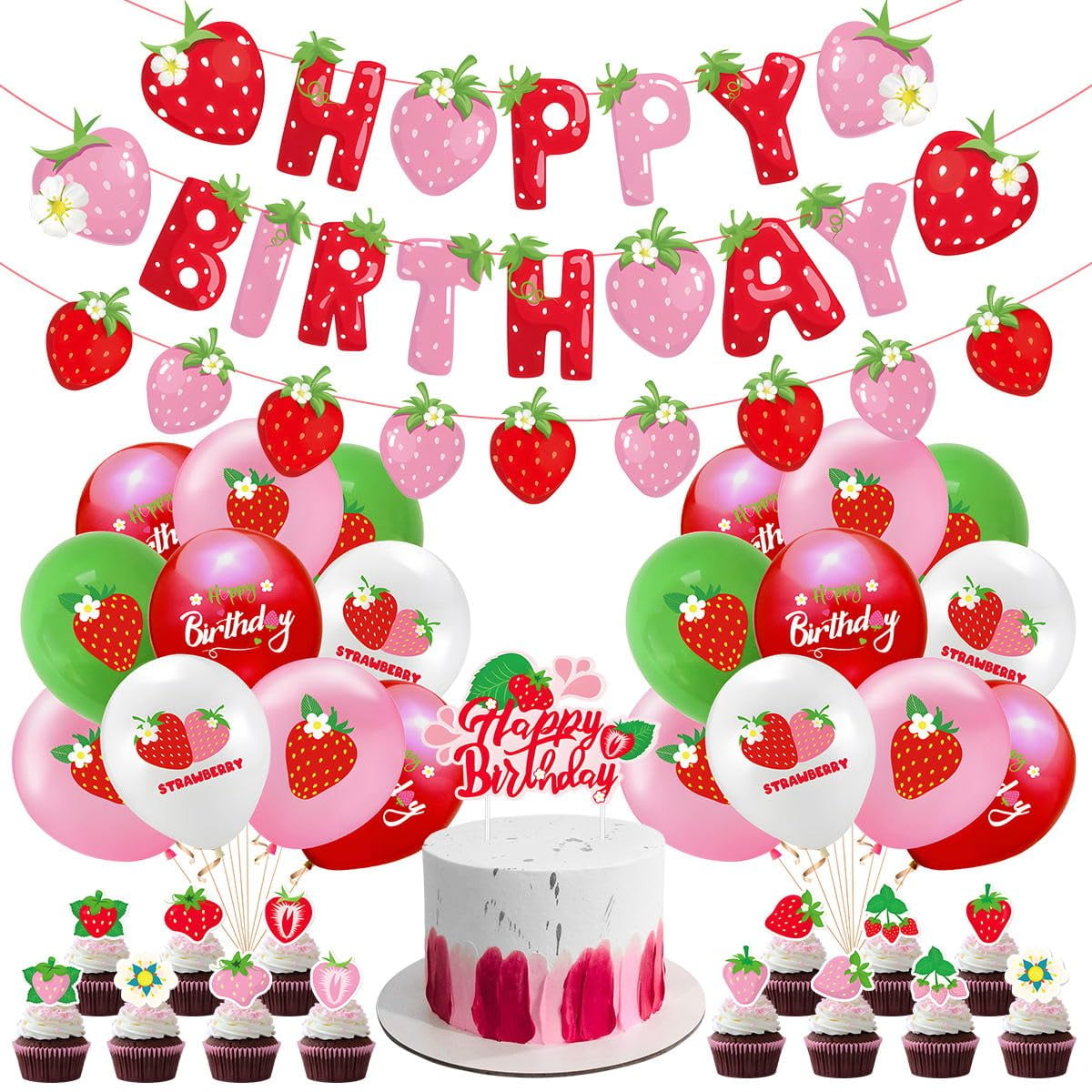 Strawberry Birthday Party Decoration STF9 Set with Balloons, Cake ...