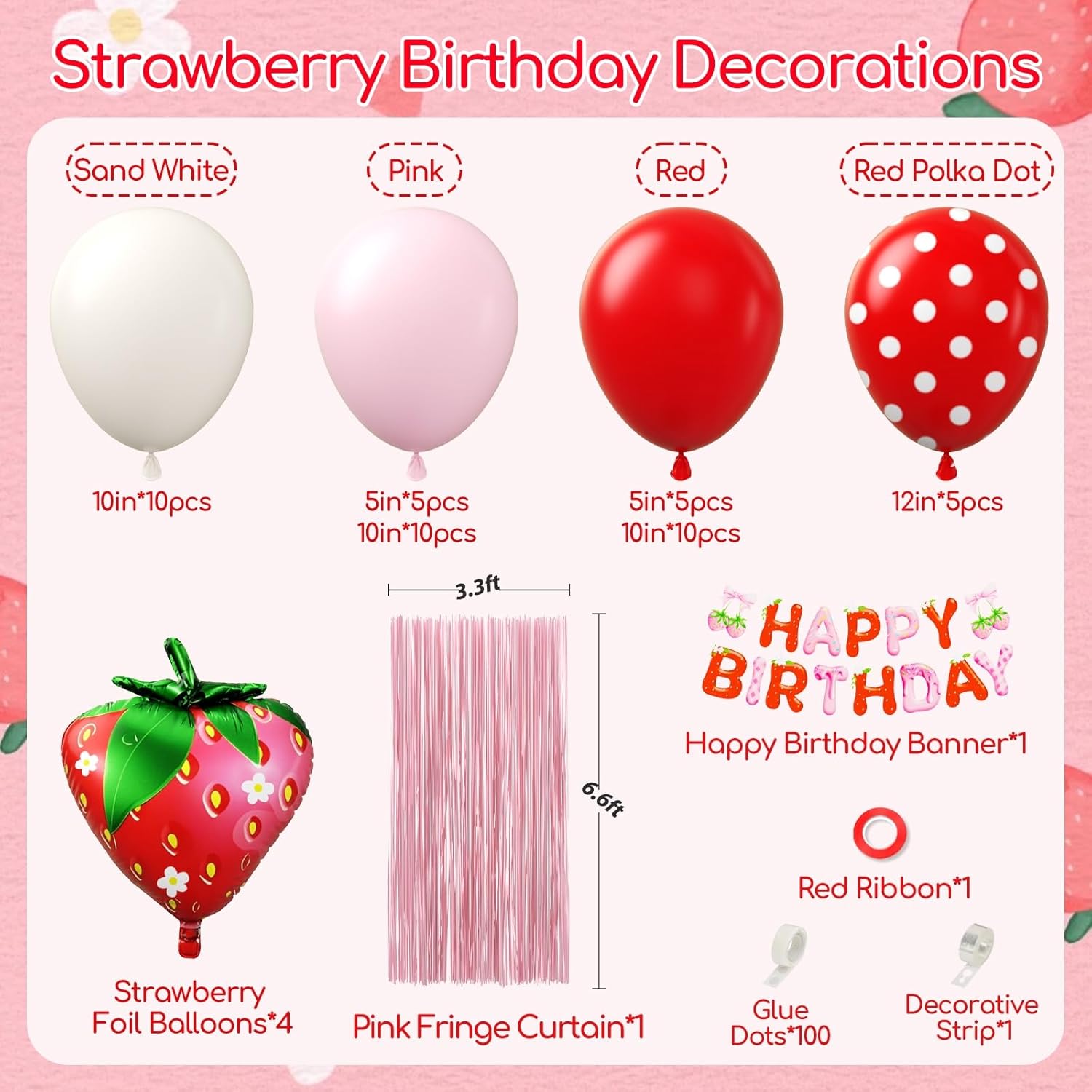 Strawberry Birthday Party Decorations with Pink Fringe Curtain Happy ...