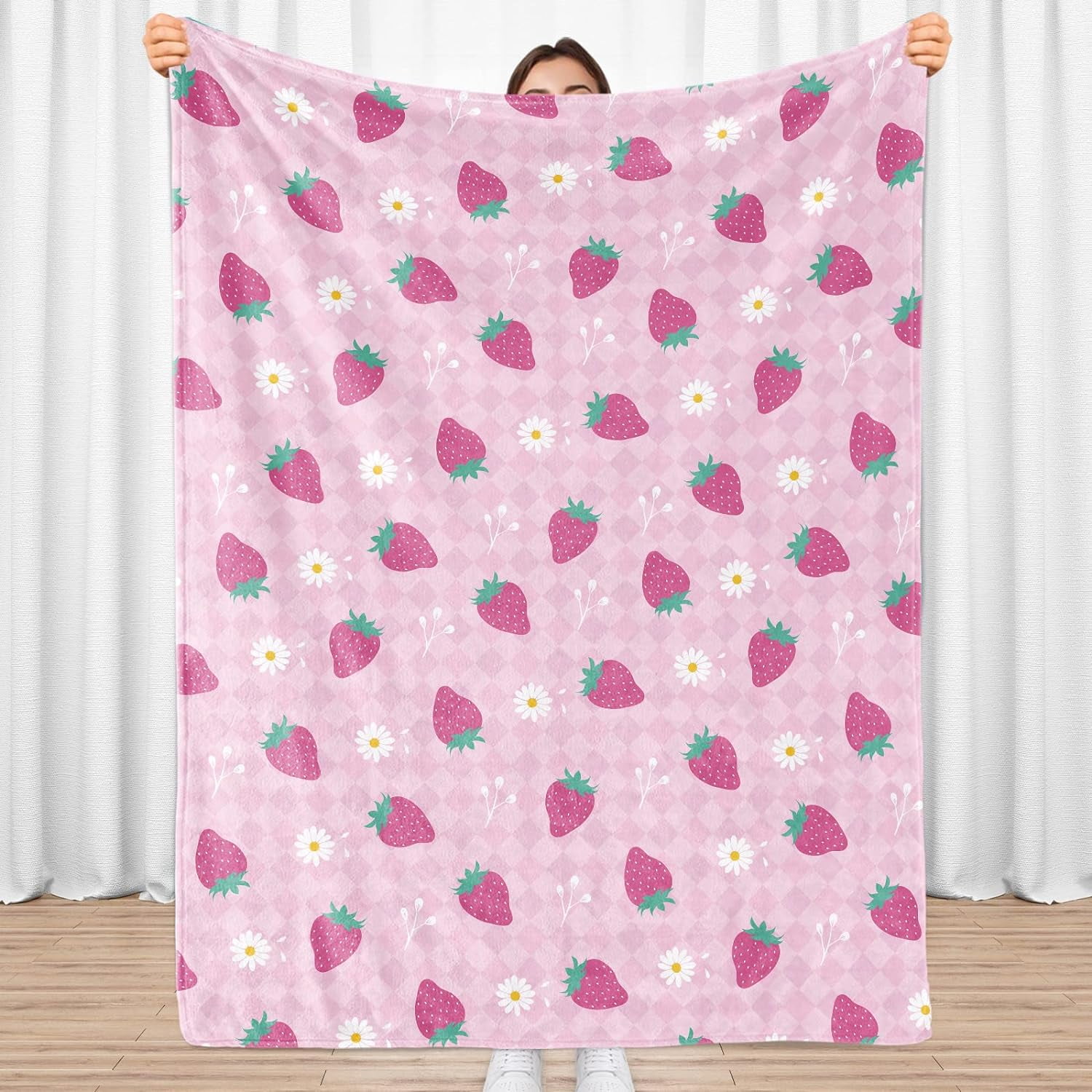 Strawberry Blanket, Pink Checkered Blanket Throw Gifts for Baby Girl ...