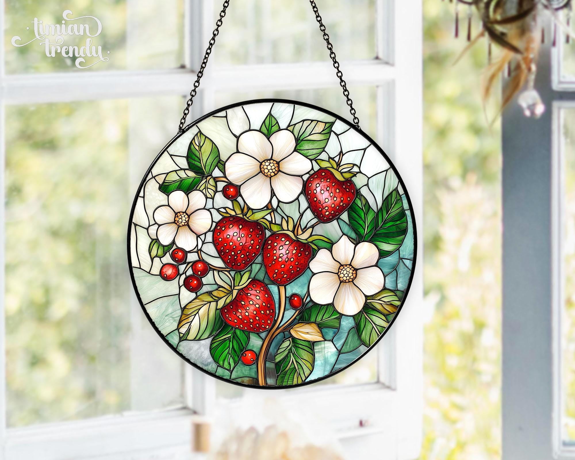 Strawberry Branch Stained Glass Suncatcher, Strawberry Floral Window ...