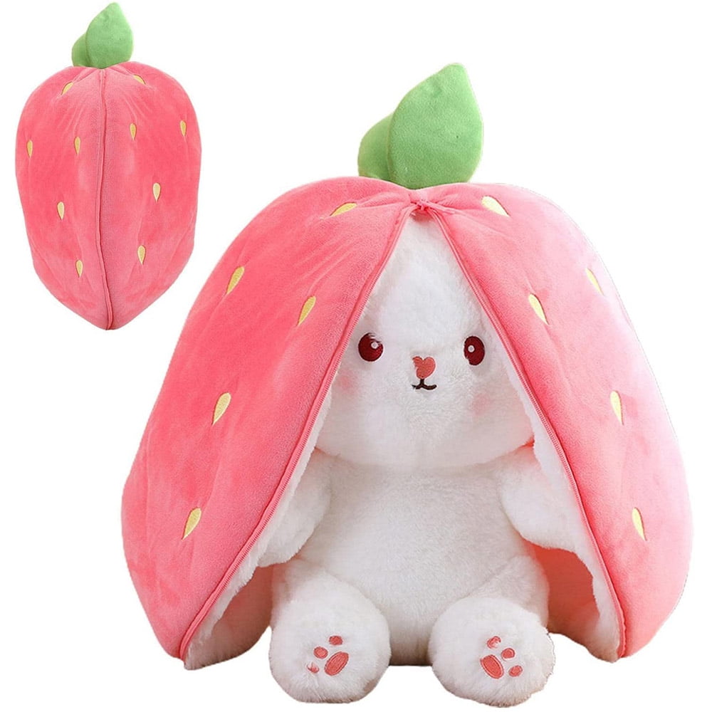 Reversible Strawberry Bunny Plush Toy with Zipper, Cute Rabbit Pillow ...
