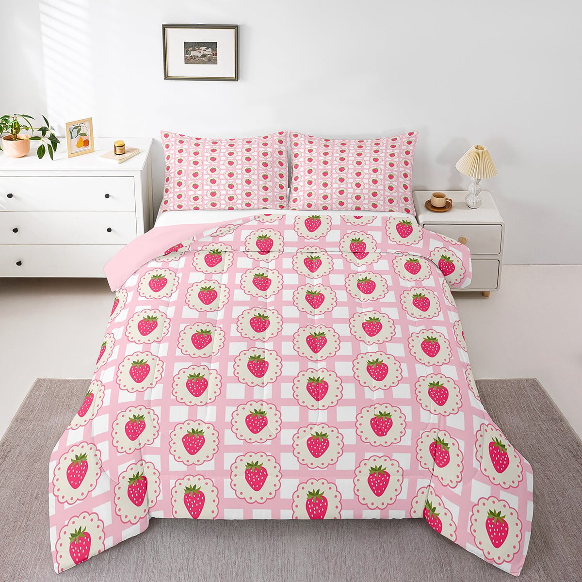 Strawberry Comforter Set,Cartoon Tropical Fruit Sweet Strawberry ...