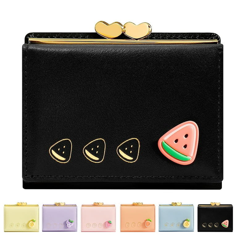 Strawberry Cute Wallets for Teen Girls Small Wallet Aesthetic PU Leather Kawaii Wallet for Girls Tri folded Cash Pocket Card Holder Black