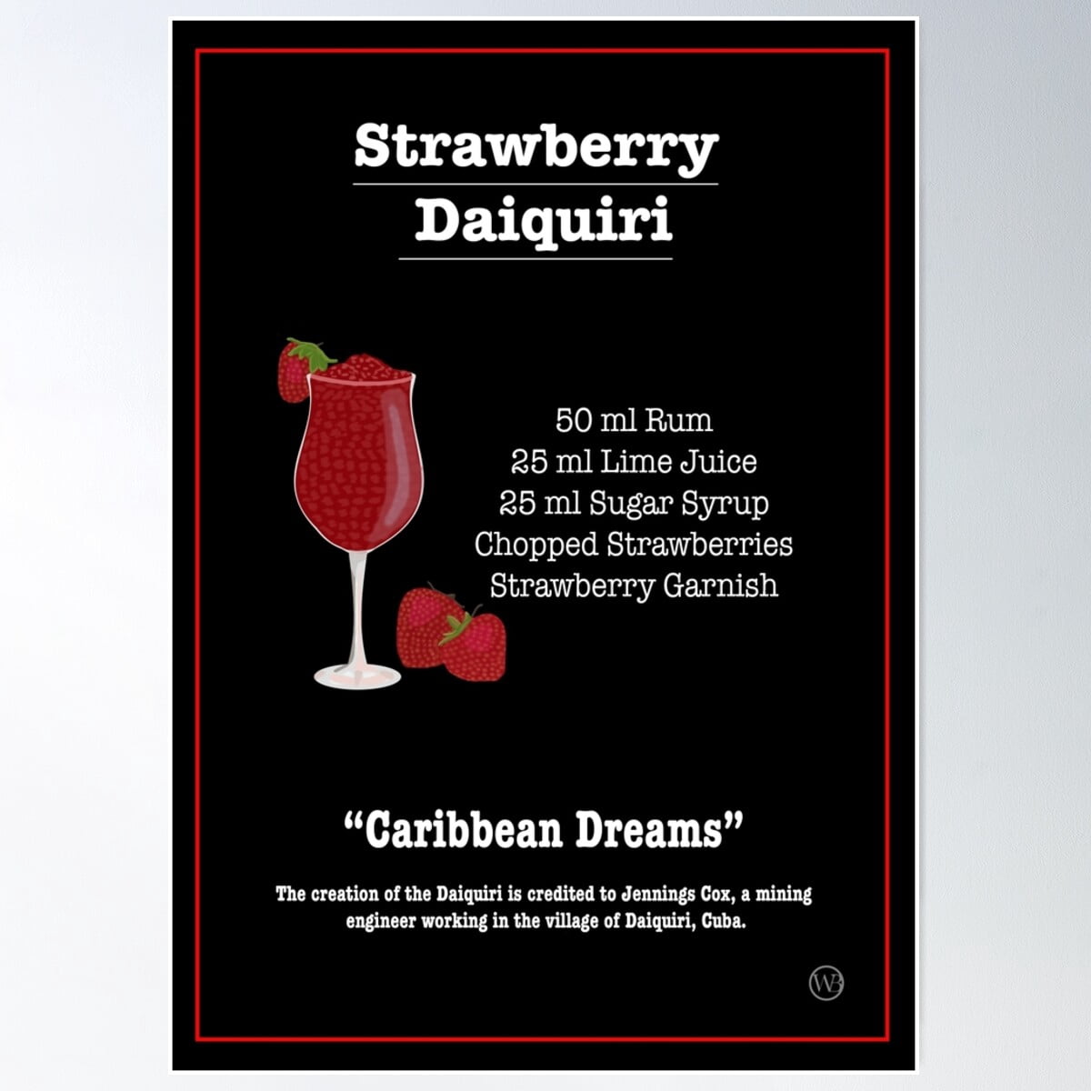 Strawberry Daiquiri Cocktail Recipe Poster Wall Art, Modern Wall Decor ...