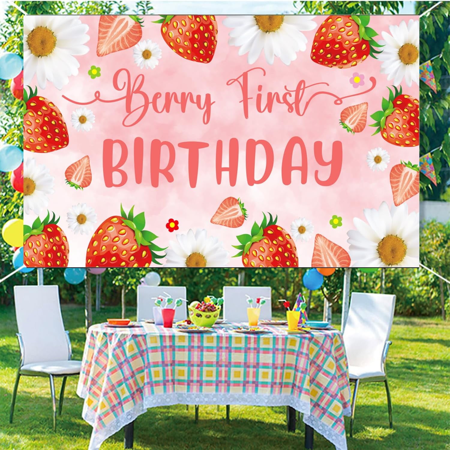 Strawberry Daisy 1st Birthday Backdrop, Berry First Birthday Banner ...
