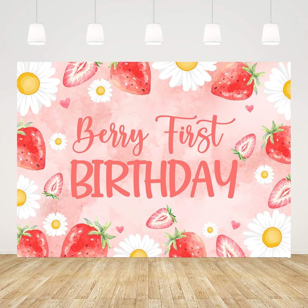 Strawberry Daisy 1st Birthday Backdrop for Girls Pink Watercolor Berry ...