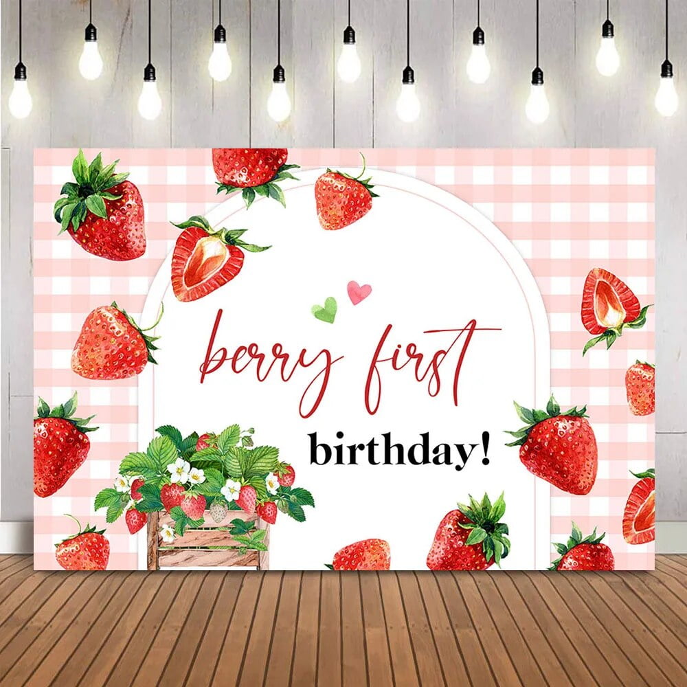 Strawberry Daisy 1st Birthday Backdrop for Girls Pink Watercolor Berry ...