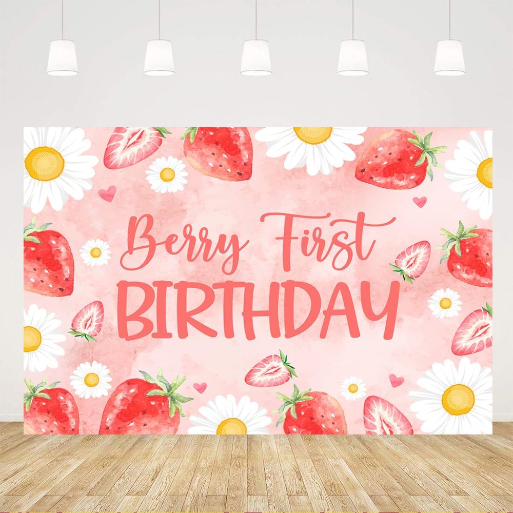 Strawberry Daisy 1st Birthday Backdrop for Girls Pink Watercolor Berry ...