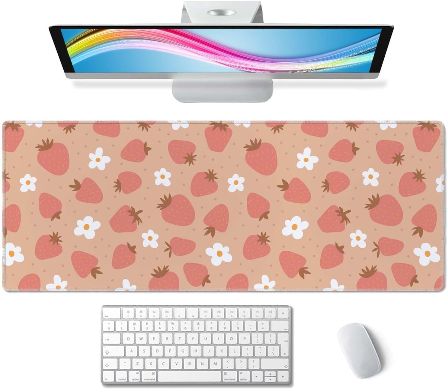 Strawberry and Daisy Pattern Desk Pad Pink Large Mouse Pad Gaming ...