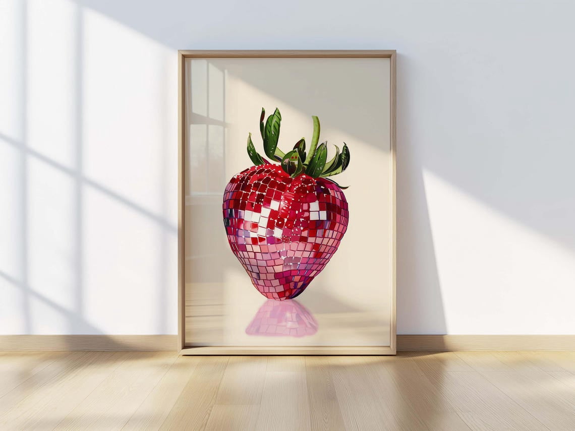 Strawberry Disco Ball Funky Fruit Kitchen Wall Art, Stretched Canvas ...